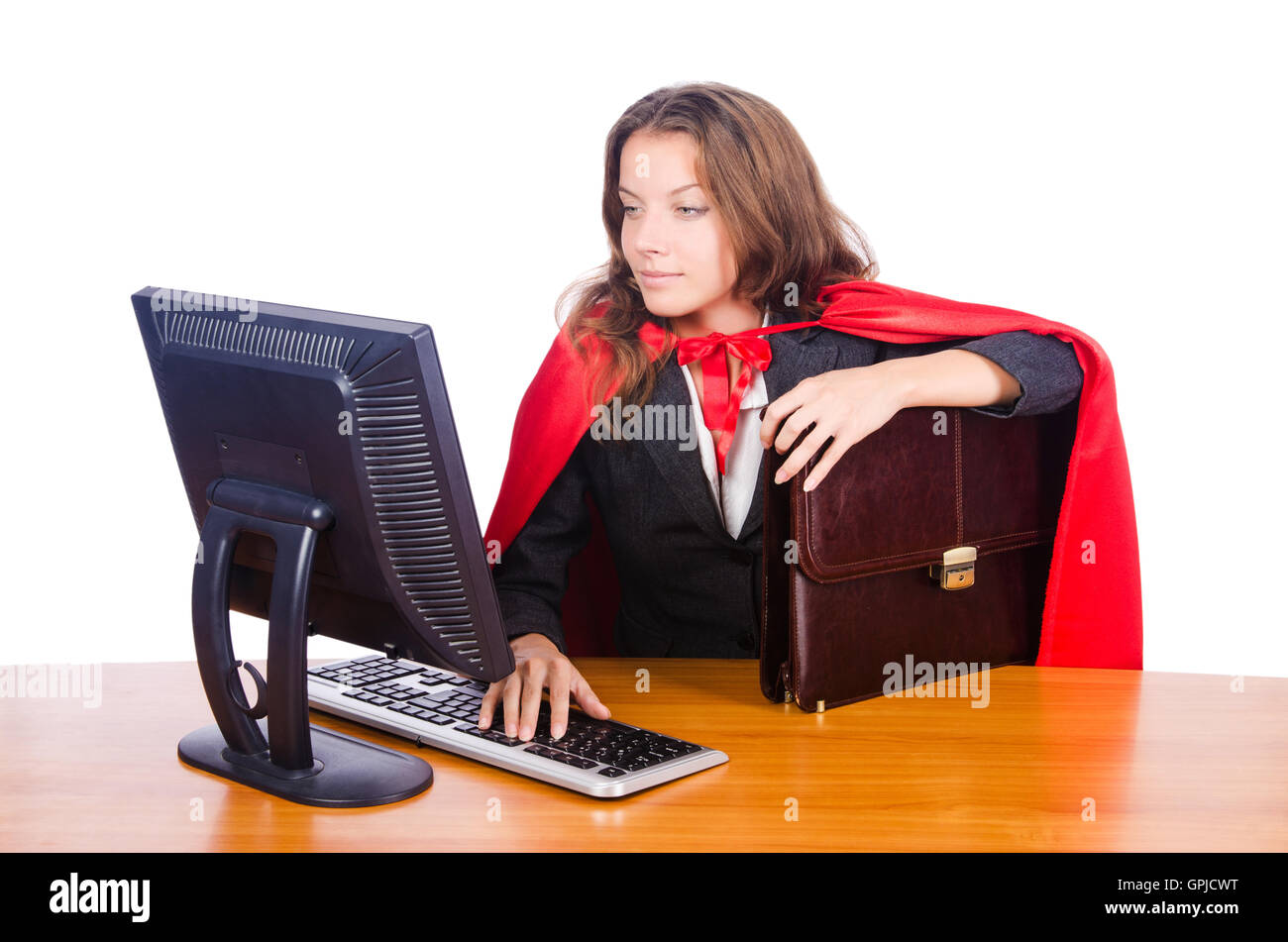 Superwoman worker working in office Stock Photo - Alamy