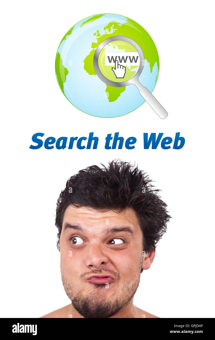 Young head looking at internet type of icons Stock Photo - Alamy