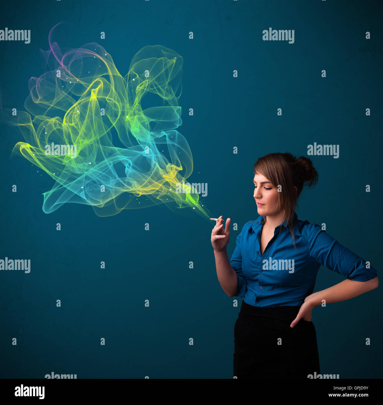 Pretty lady smoking cigarette with colorful smoke Stock Photo - Alamy