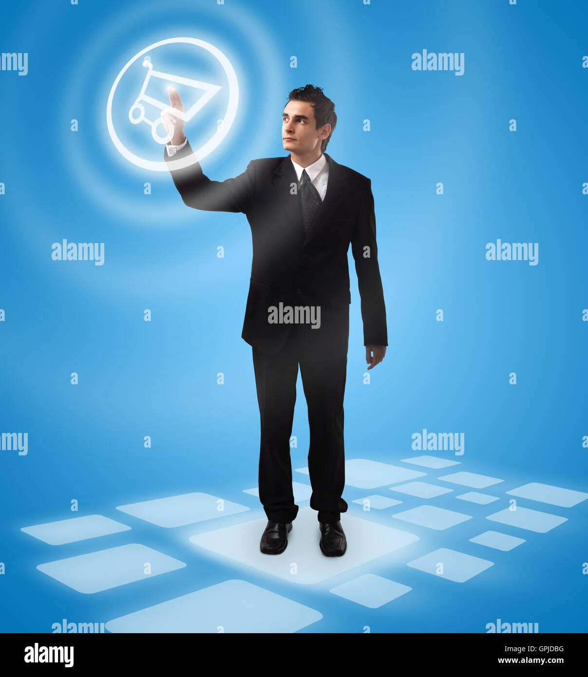 Business man pressing button Stock Photo - Alamy