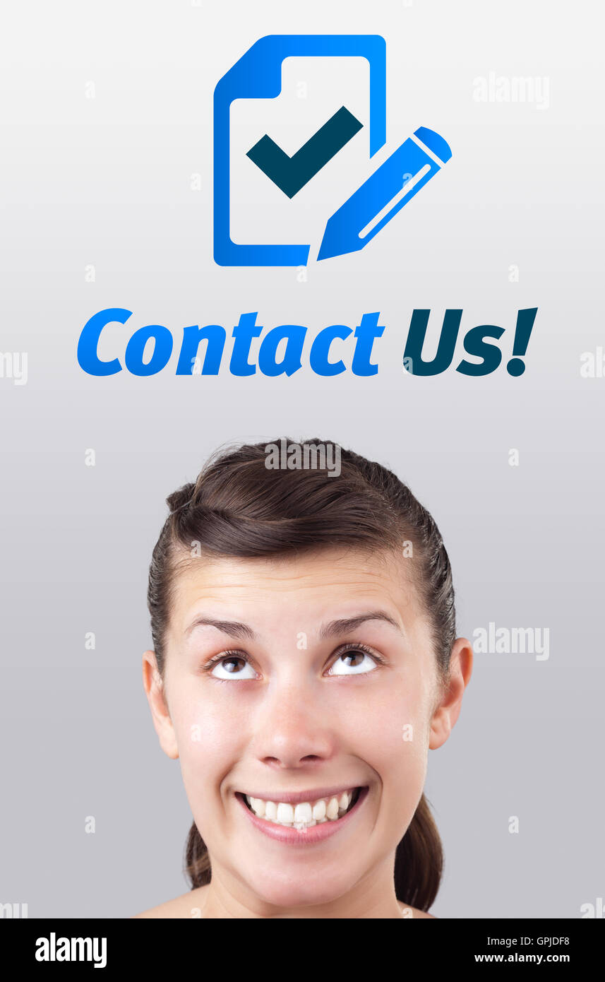 Young girl looking at support contact type of icons and signs Stock ...