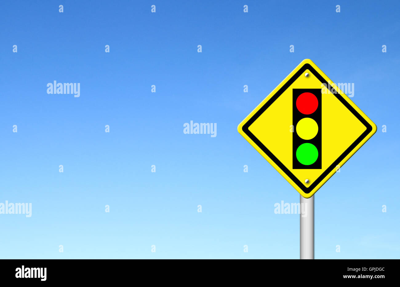 Traffic light ahead warning sign with blue sky background Stock Photo ...