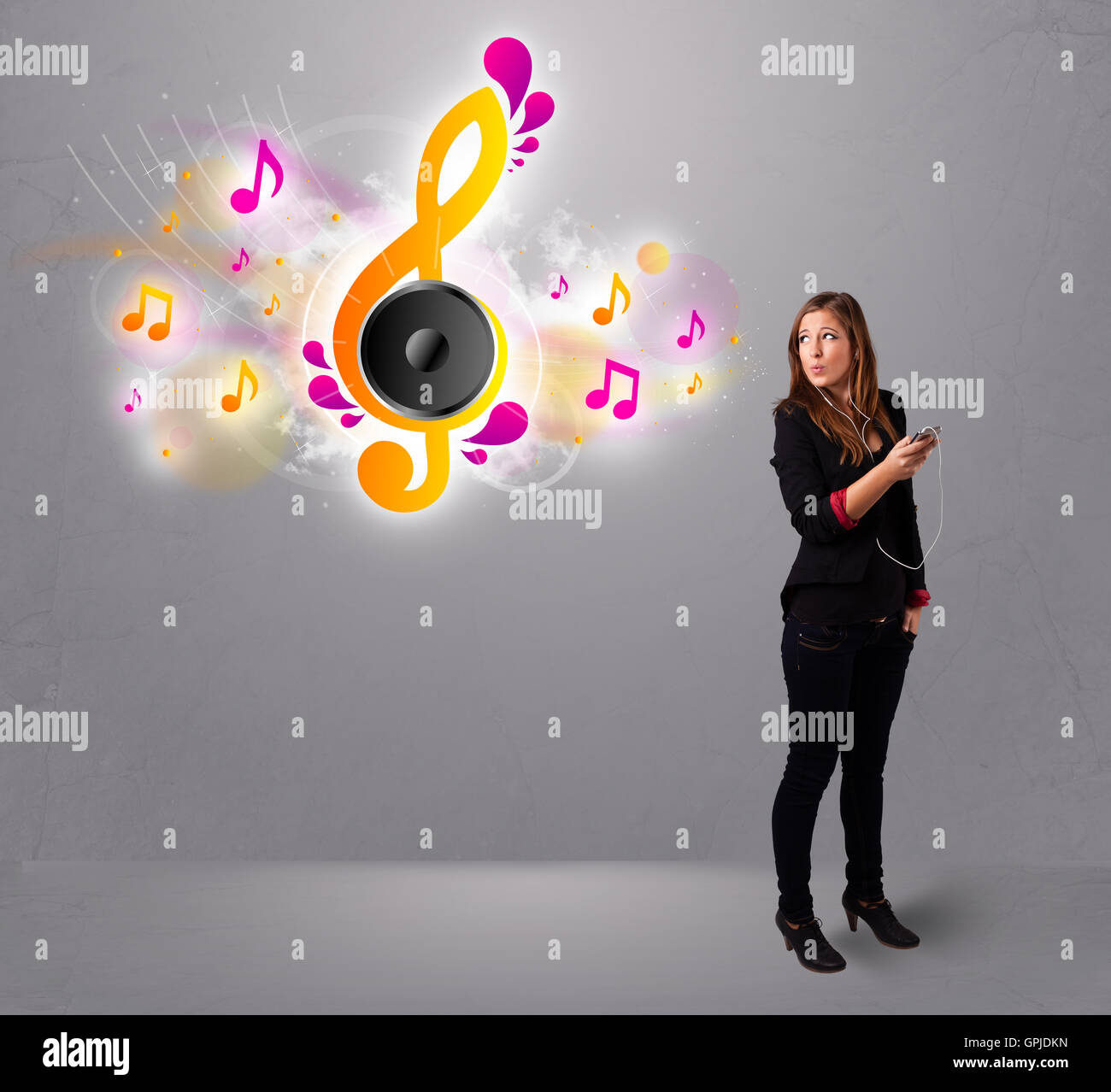 pretty girl singing and listening to music with musical notes Stock ...