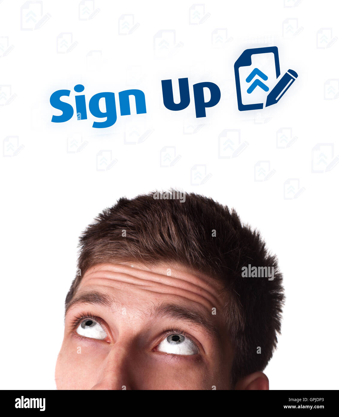 Young head looking at internet type of icons Stock Photo - Alamy