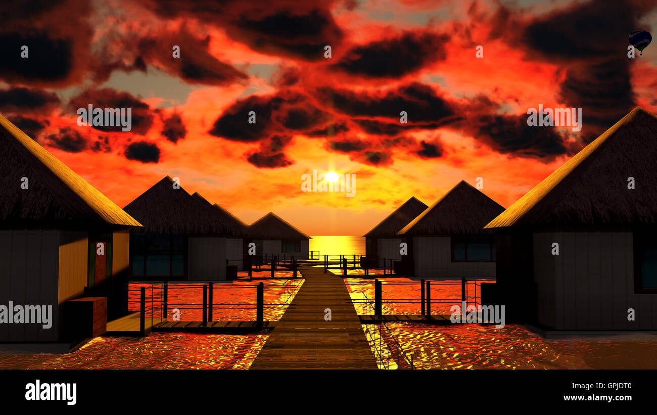 Tropical resort at sunset Stock Photo - Alamy