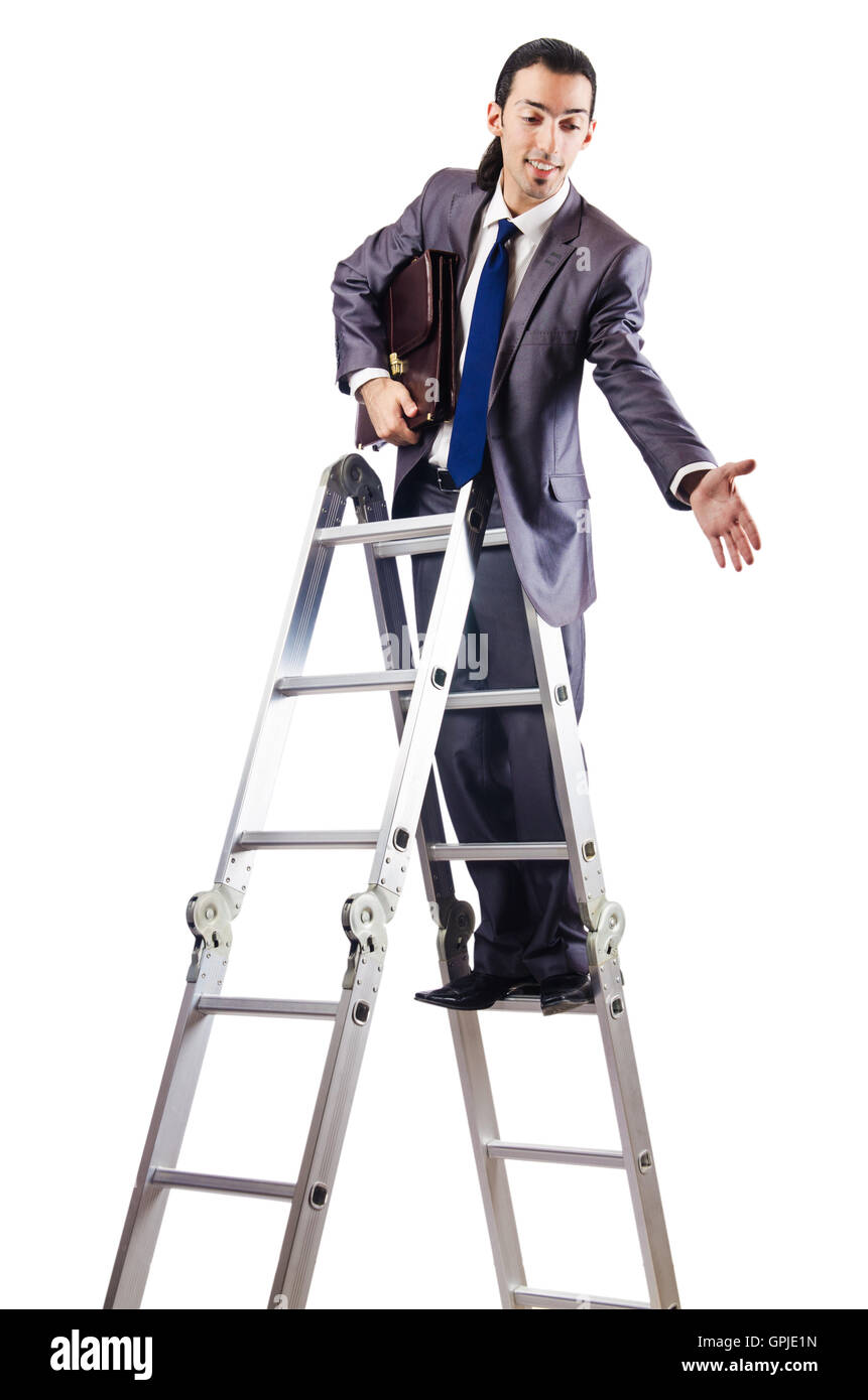 Businessman climbing career ladder on white Stock Photo - Alamy