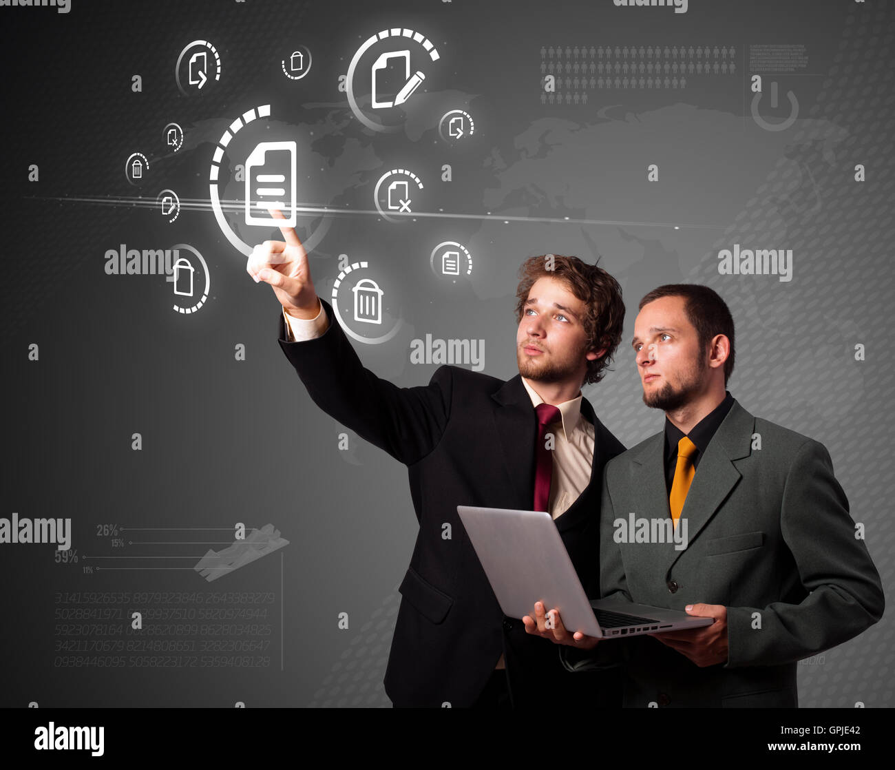 Businessman pressing modern business type of buttons Stock Photo - Alamy