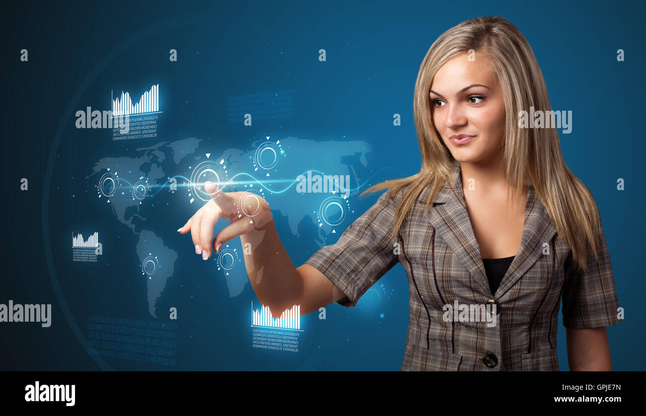 Businesswoman pressing high tech type of modern buttons Stock Photo - Alamy