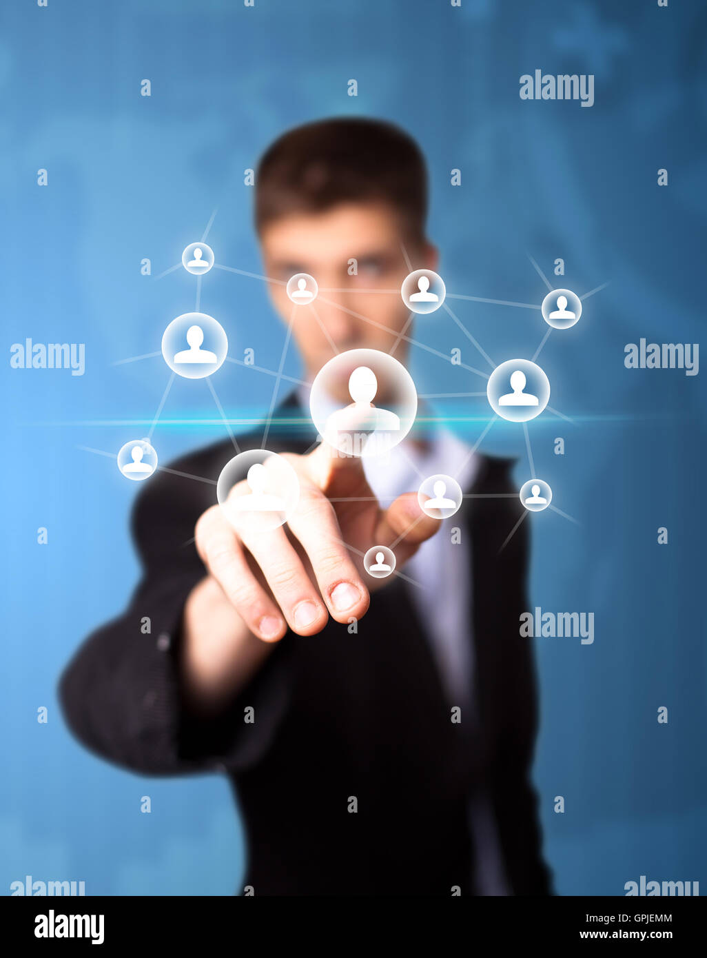 Man pressing social network icon Stock Photo - Alamy