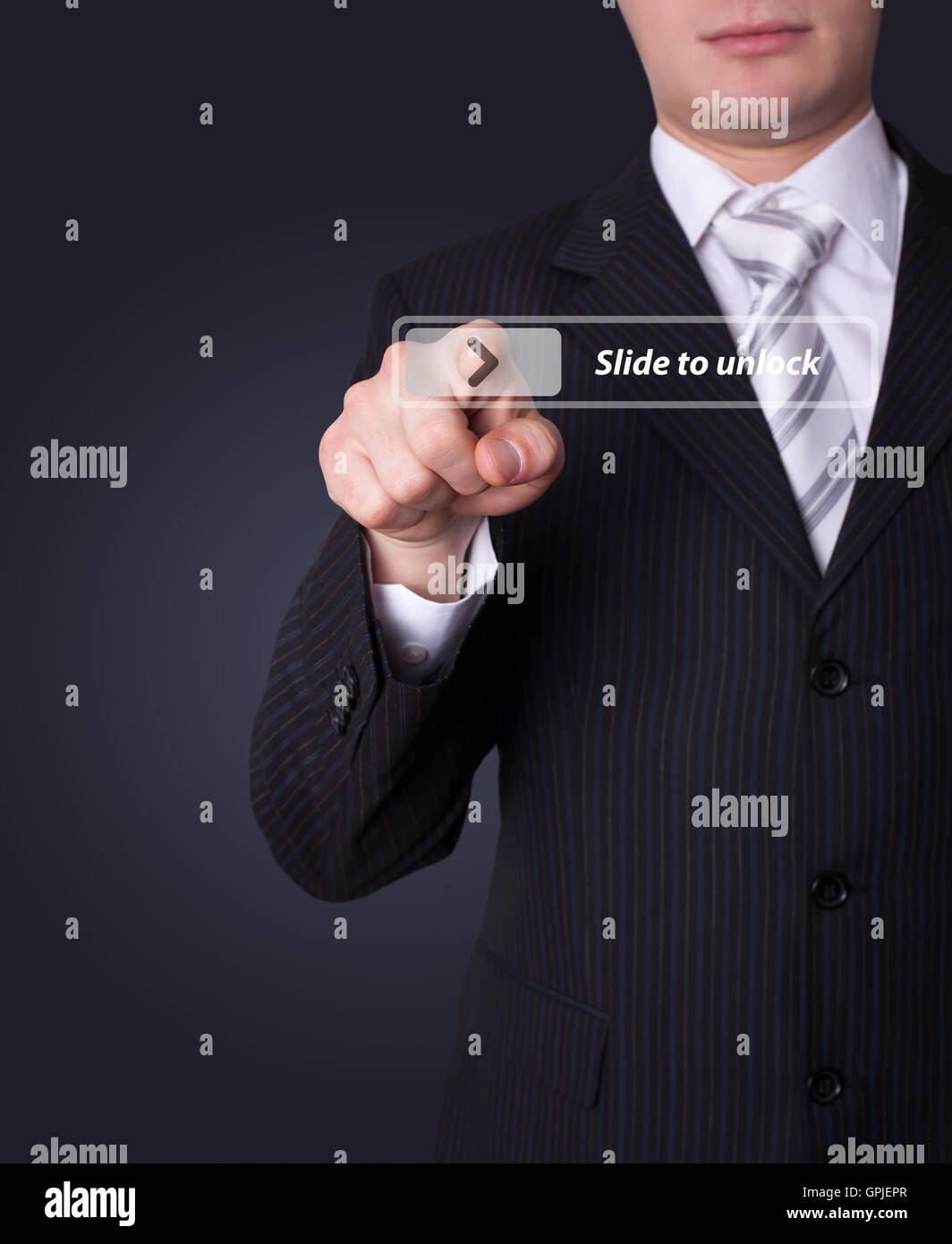 Man pressing touch screen button Stock Photo - Alamy