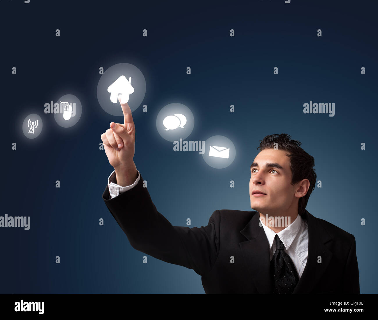 man pressing a touchscreen button Stock Photo - Alamy