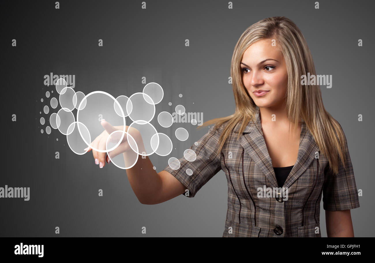 Businesswoman pressing high tech type of modern buttons Stock Photo - Alamy