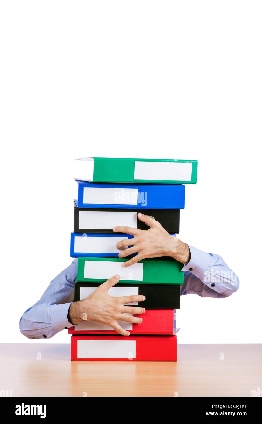 Businessman with lots of folders isolated on white Stock Photo - Alamy