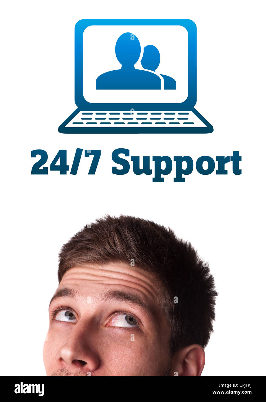 Young head looking at support contact type of icons and signs Stock ...