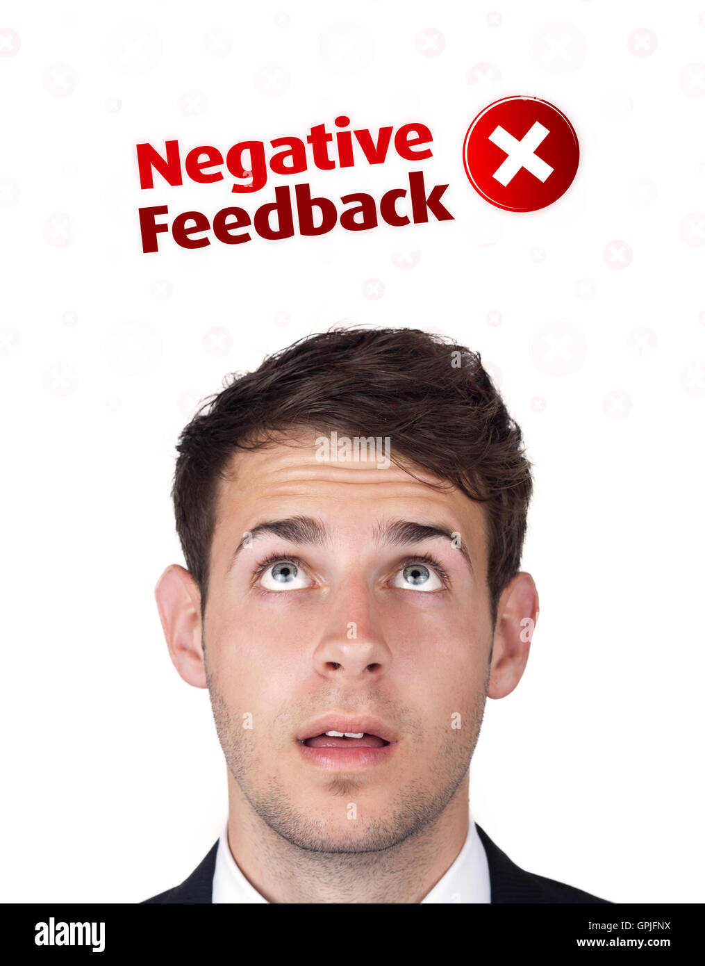 Young head looking at positive negative signs Stock Photo - Alamy
