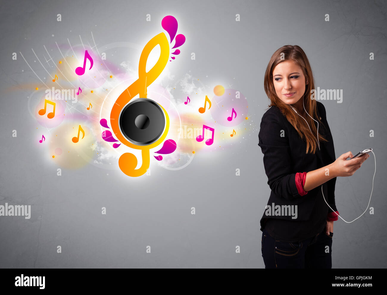 pretty girl singing and listening to music with musical notes Stock ...