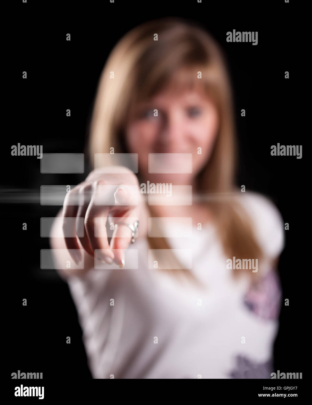 Woman pressing touch screen interface Stock Photo - Alamy