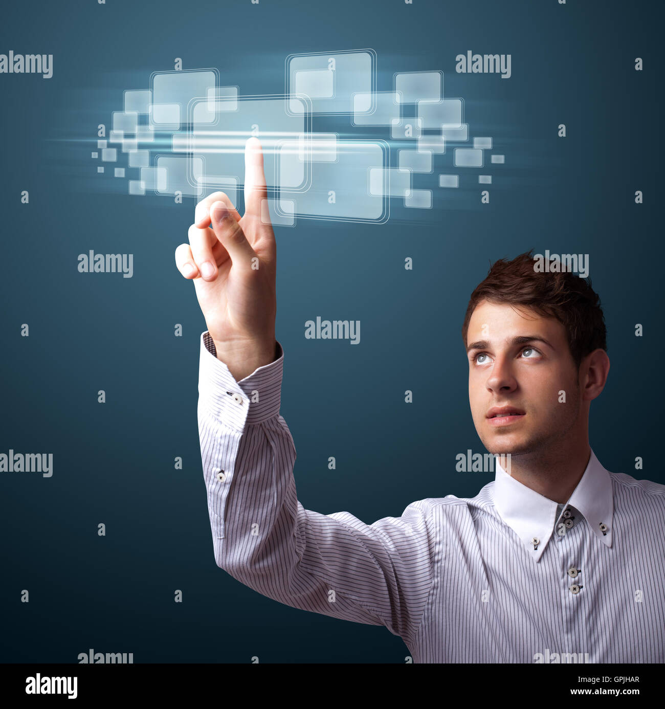 Businessman pressing high tech type of modern buttons Stock Photo - Alamy