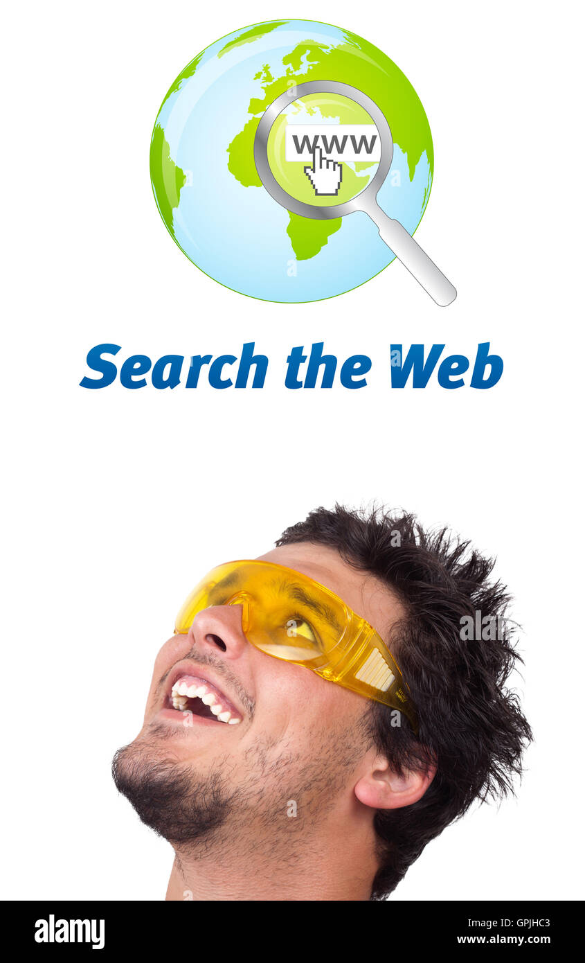 Young head looking at internet type of icons Stock Photo - Alamy