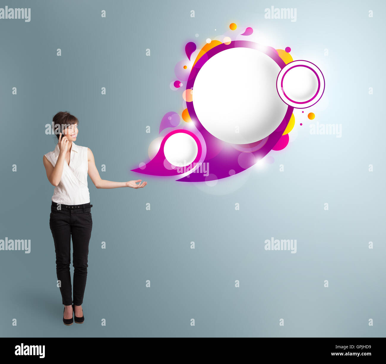 Pretty woman presenting abstract speech bubble copy space and ma Stock ...