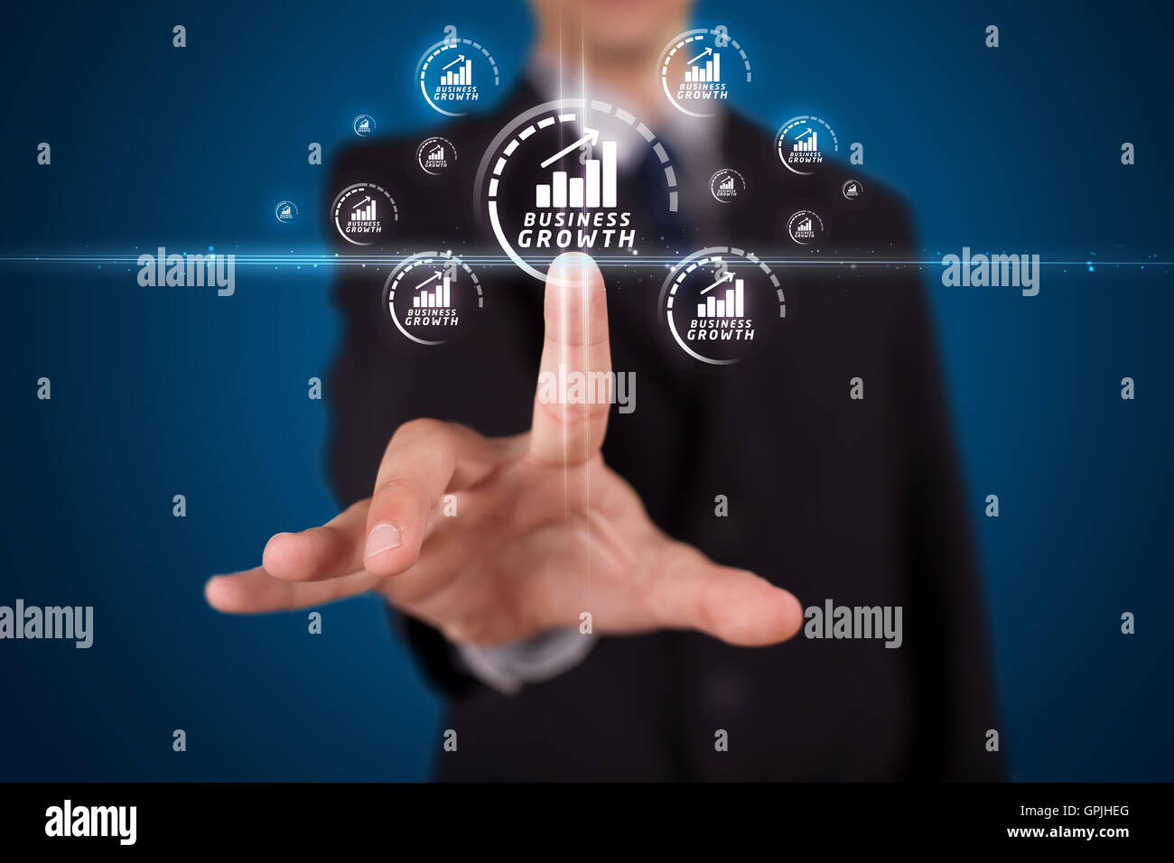 Businessman pressing modern business type of buttons Stock Photo - Alamy