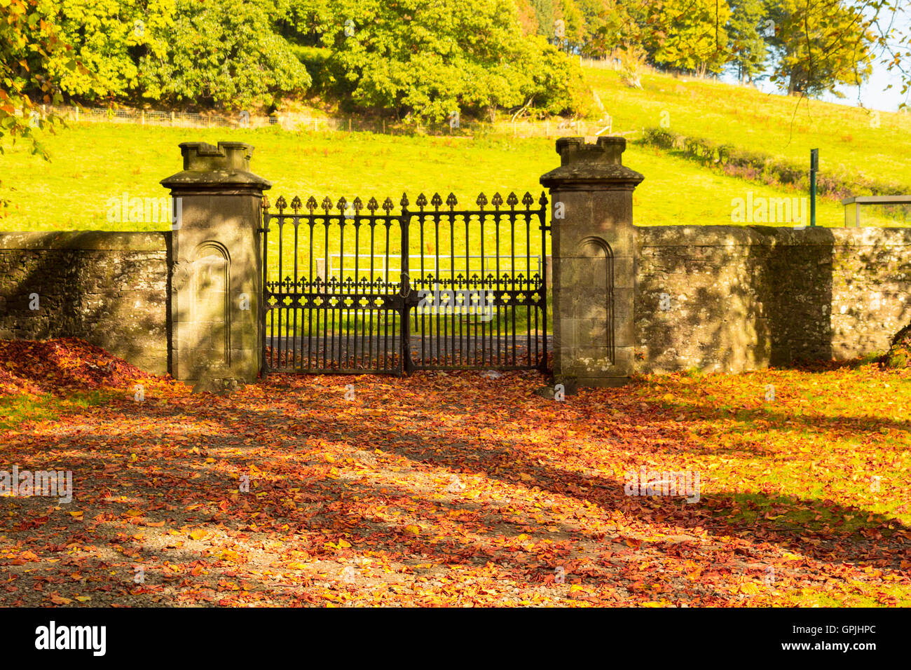 Old, beautiful iron gate at the old Scottish church in Autumn Stock ...
