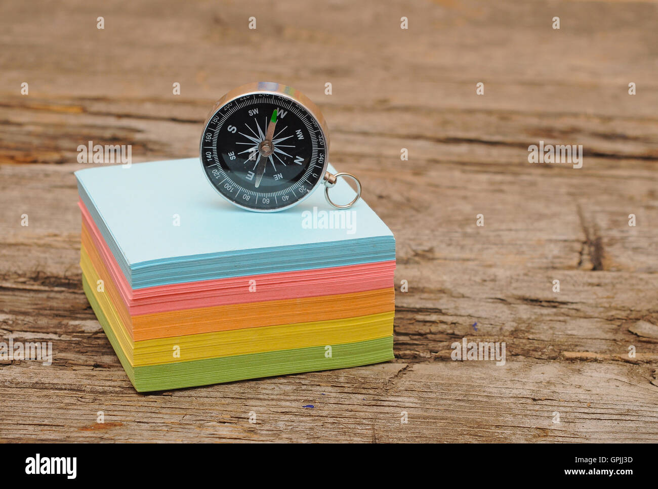 colorful post it note block with compass on wood table Stock Photo - Alamy