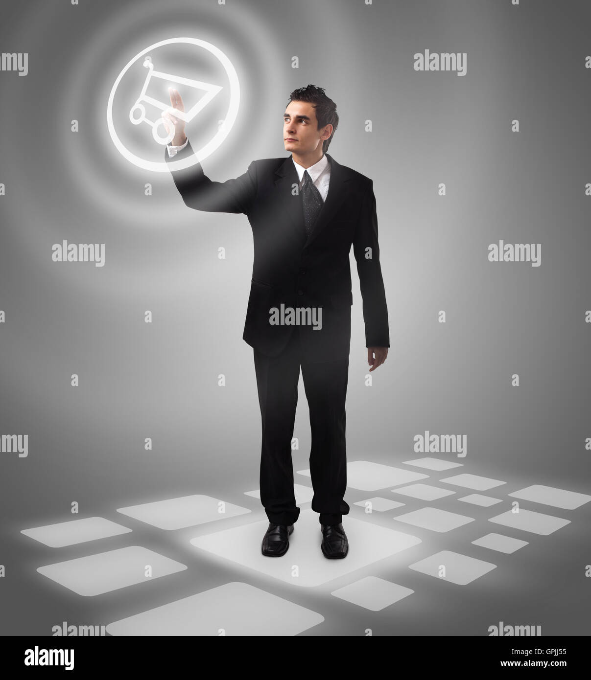 Business man pressing button Stock Photo - Alamy
