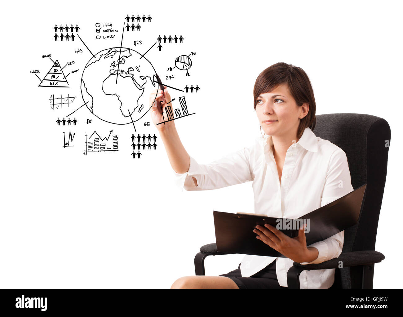 Young woman drawing globe with diagrams isolated on white Stock Photo ...