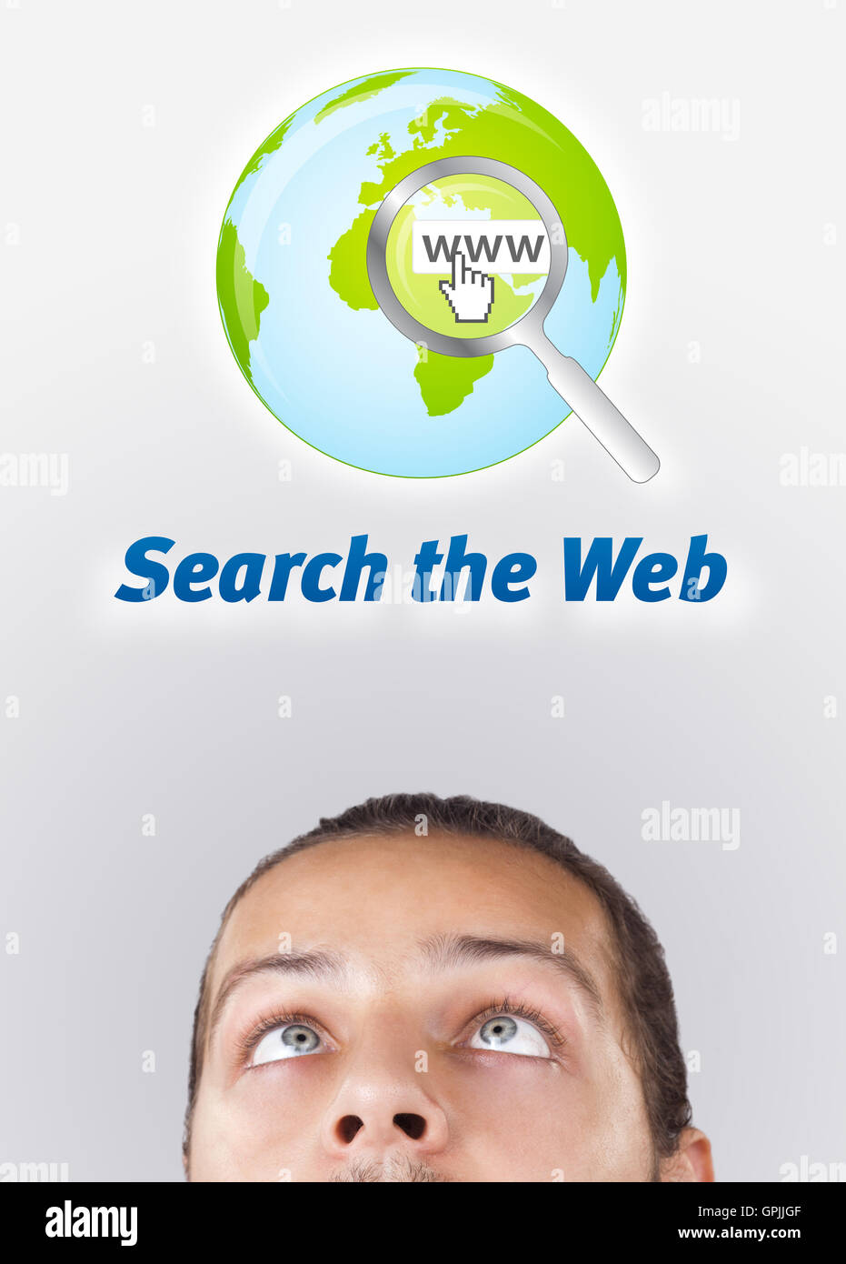 Young head looking at internet type of icons Stock Photo - Alamy