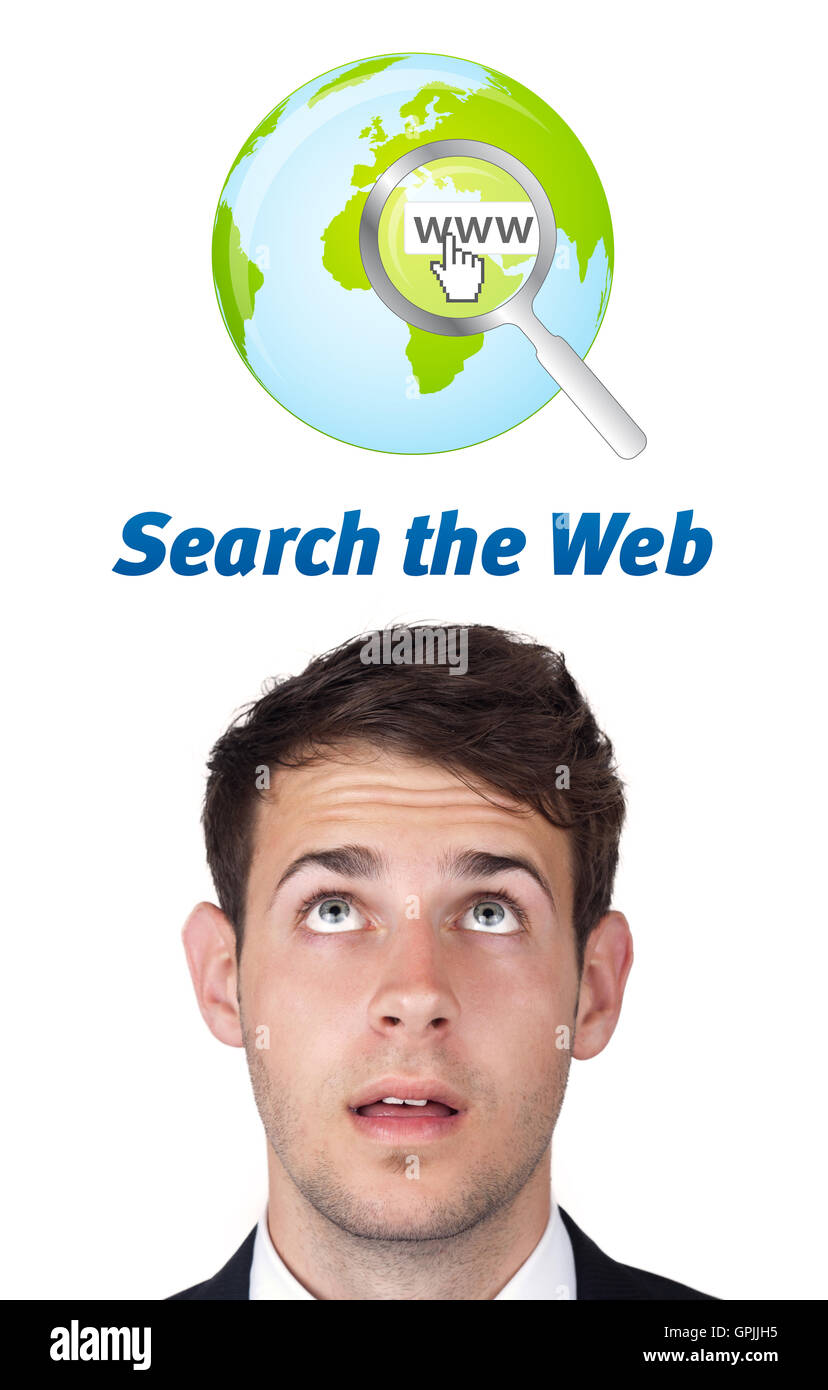 Young head looking at internet type of icons Stock Photo - Alamy