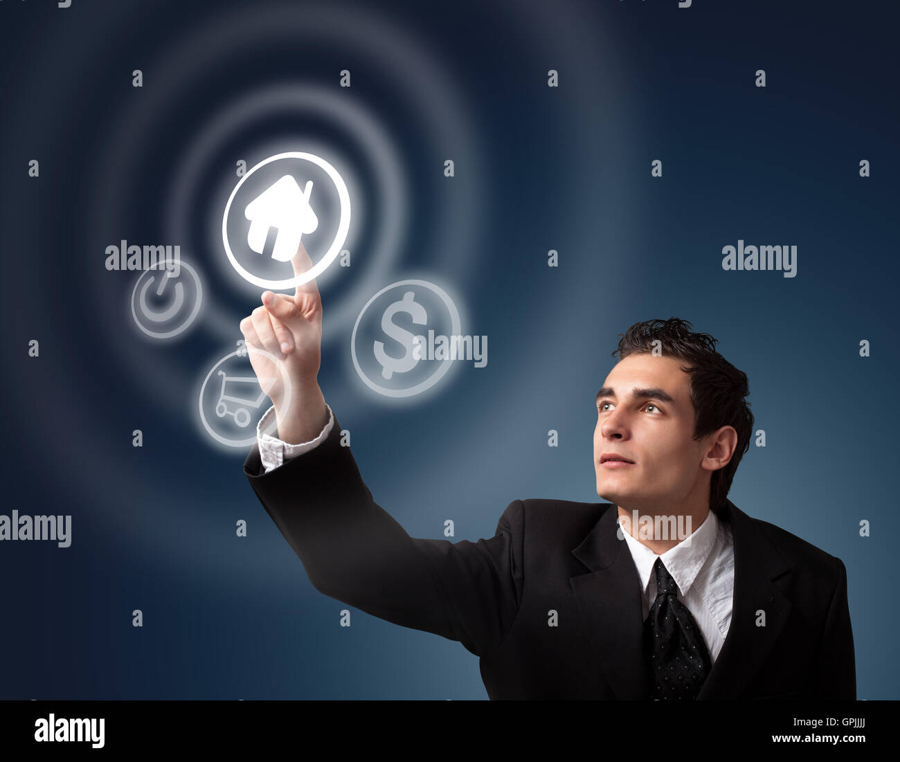 business man pressing button Stock Photo - Alamy