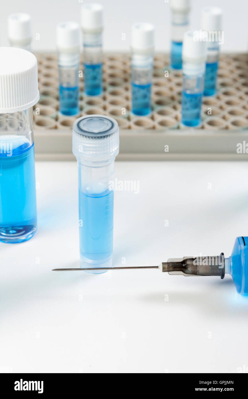 Capped vials of blue liquid and a syringe on a white laboratory bench ...