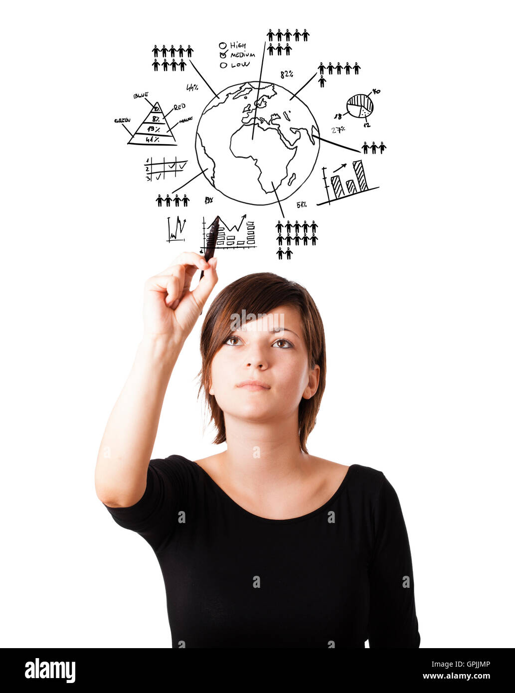 Young woman drawing globe with diagrams isolated on white Stock Photo ...