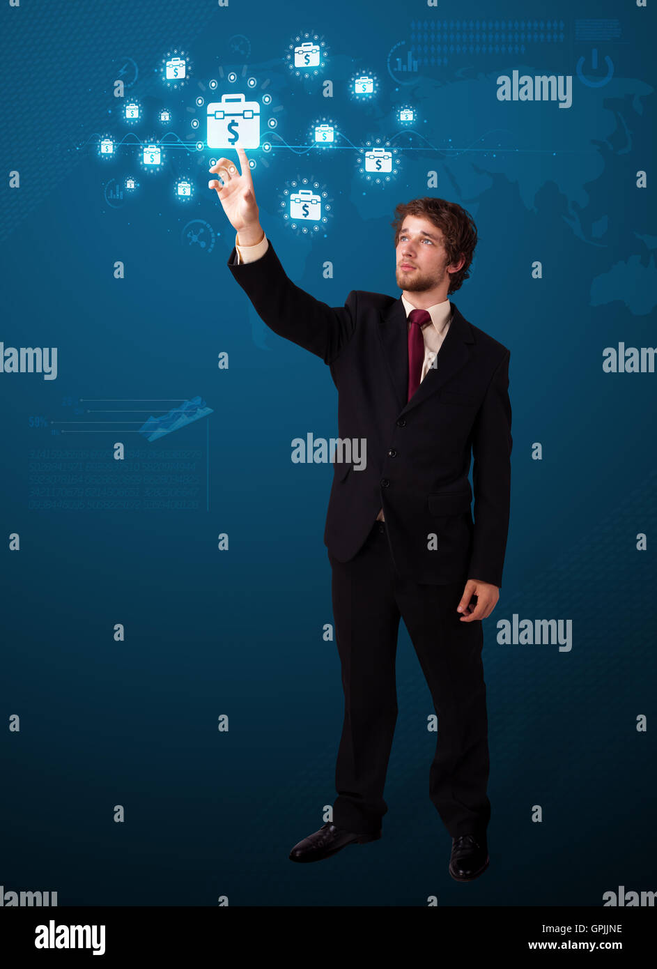 Businessman pressing modern business type of buttons Stock Photo - Alamy
