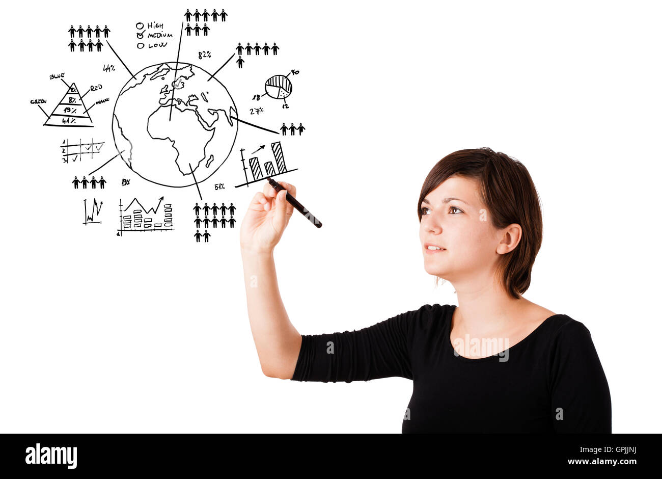 Young woman drawing globe with diagrams isolated on white Stock Photo ...