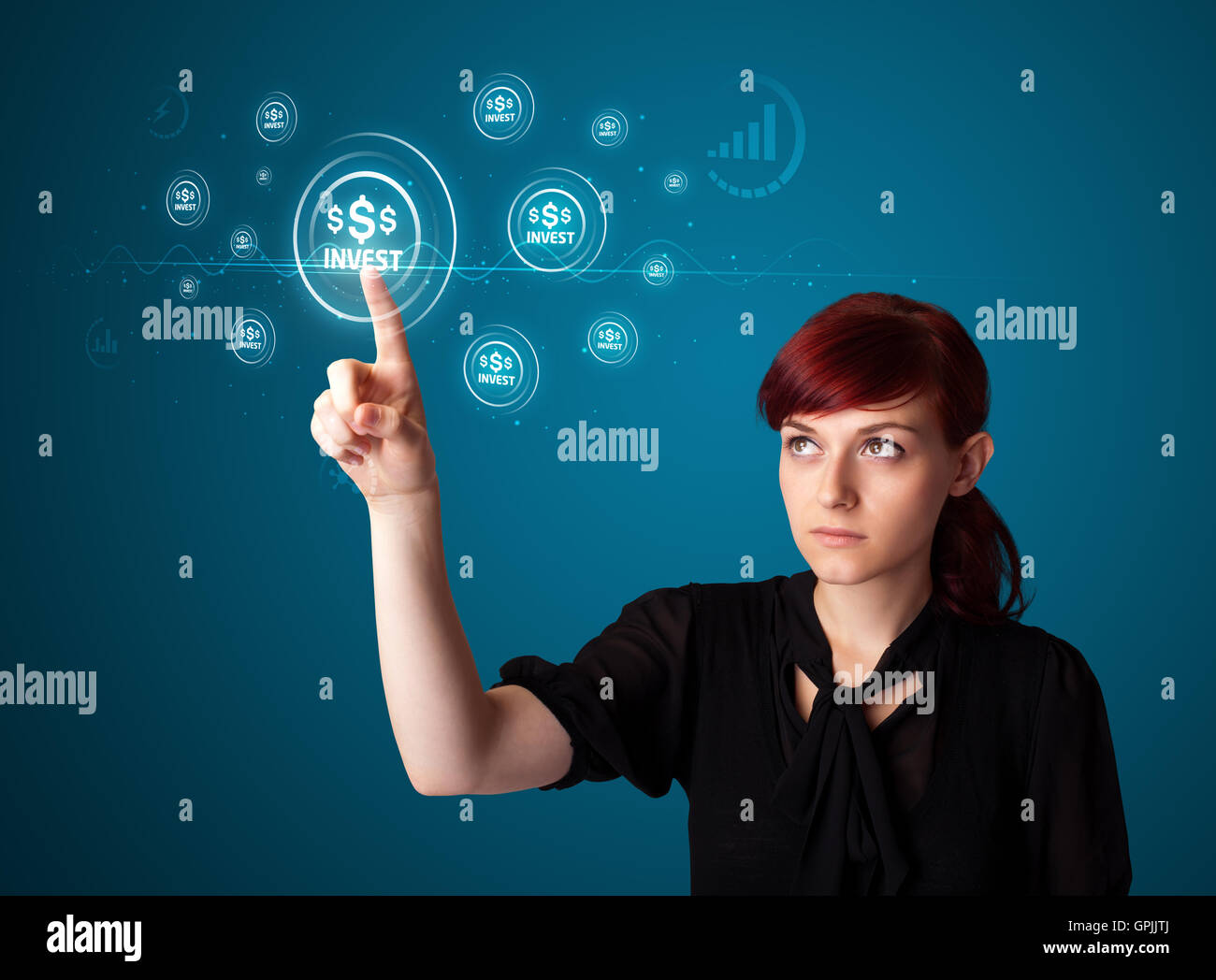 Businesswoman pressing modern business type of buttons Stock Photo - Alamy