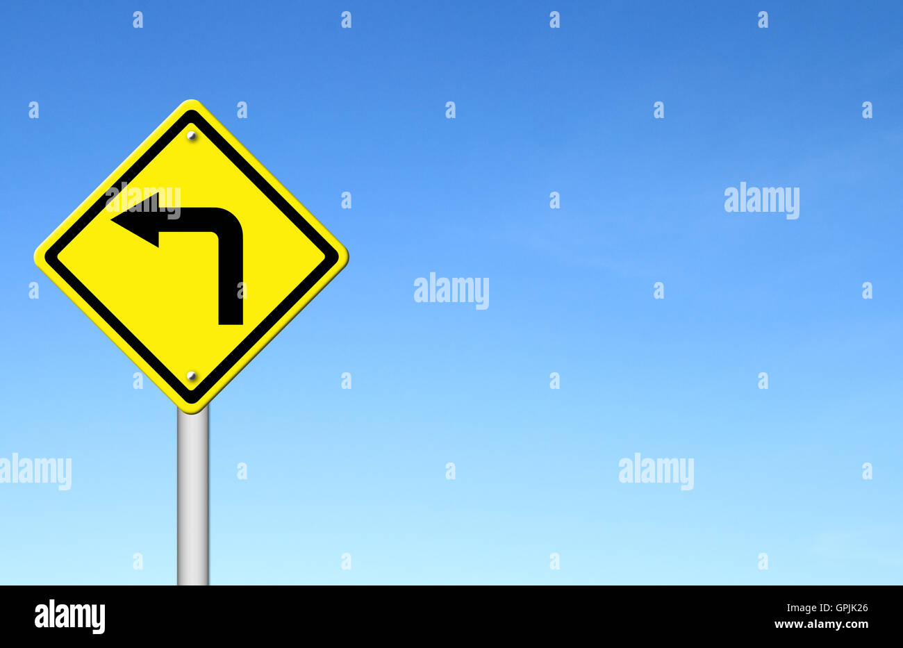 Road Sign - Left Turn Warning with blue sky Stock Photo - Alamy