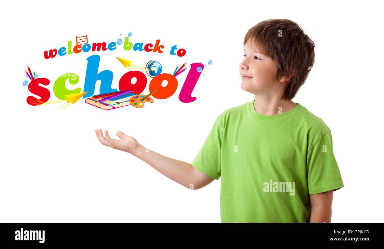 Boy looking with back to school theme isolated on white Stock Photo - Alamy