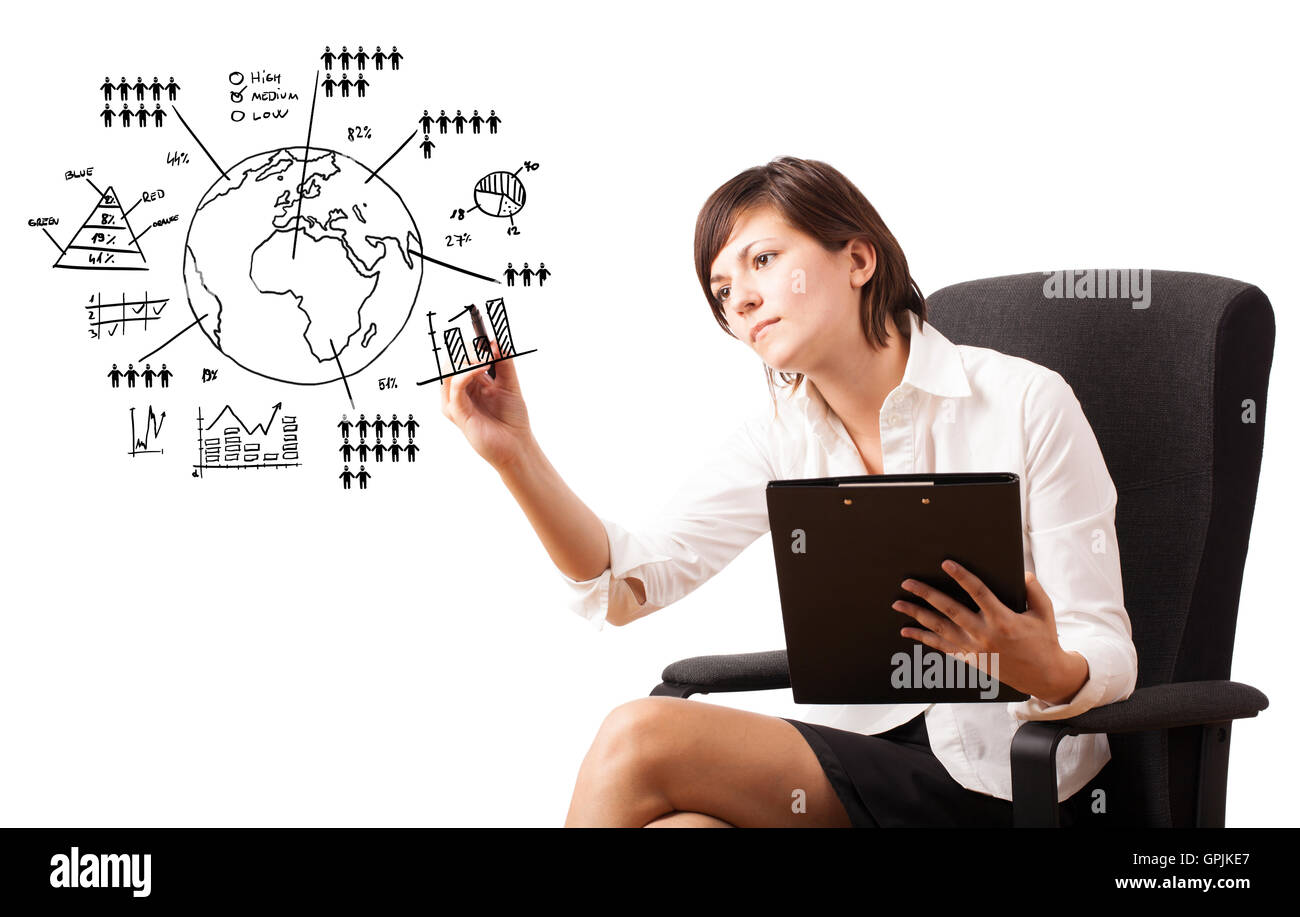 Young woman drawing globe with diagrams isolated on white Stock Photo ...