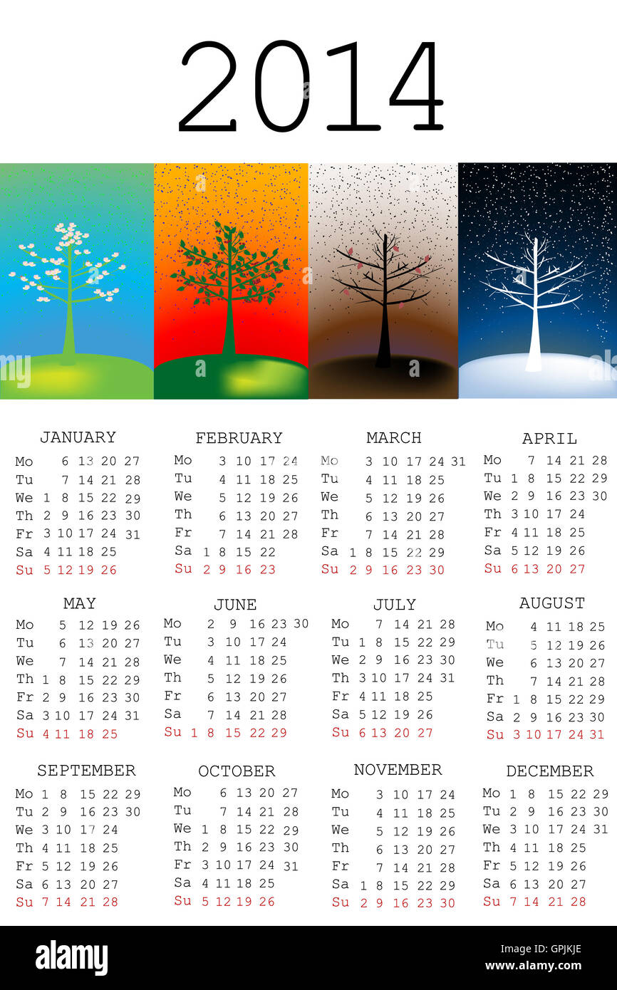 2014 Calendar with tree in all the seasons Stock Photo - Alamy