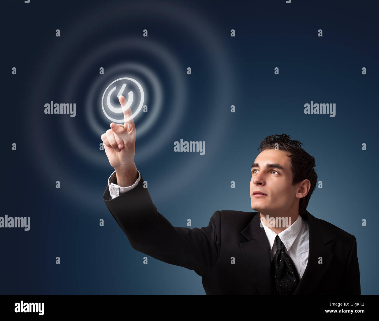 business man pressing button Stock Photo - Alamy