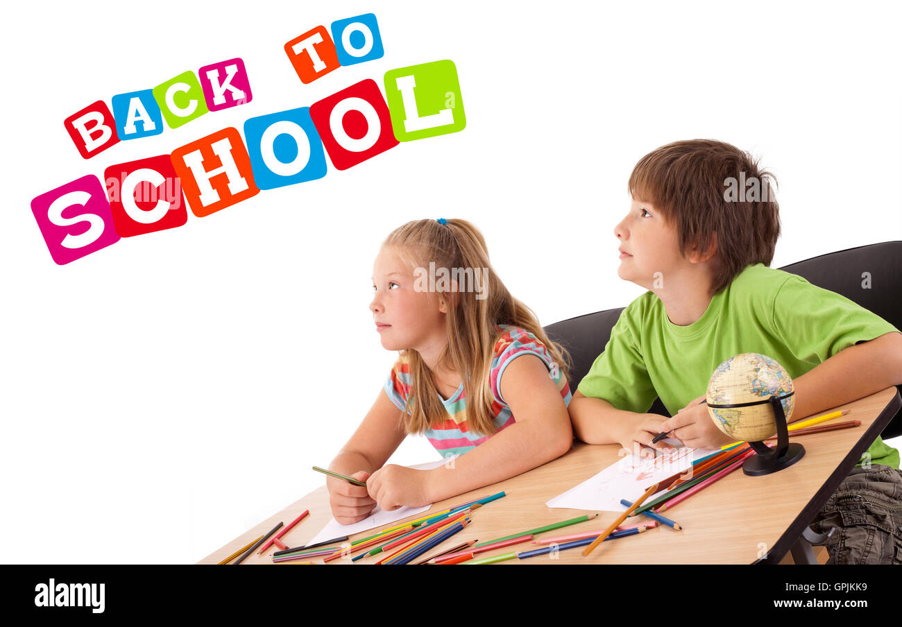 Kids looking with back to school theme isolated on white Stock Photo ...