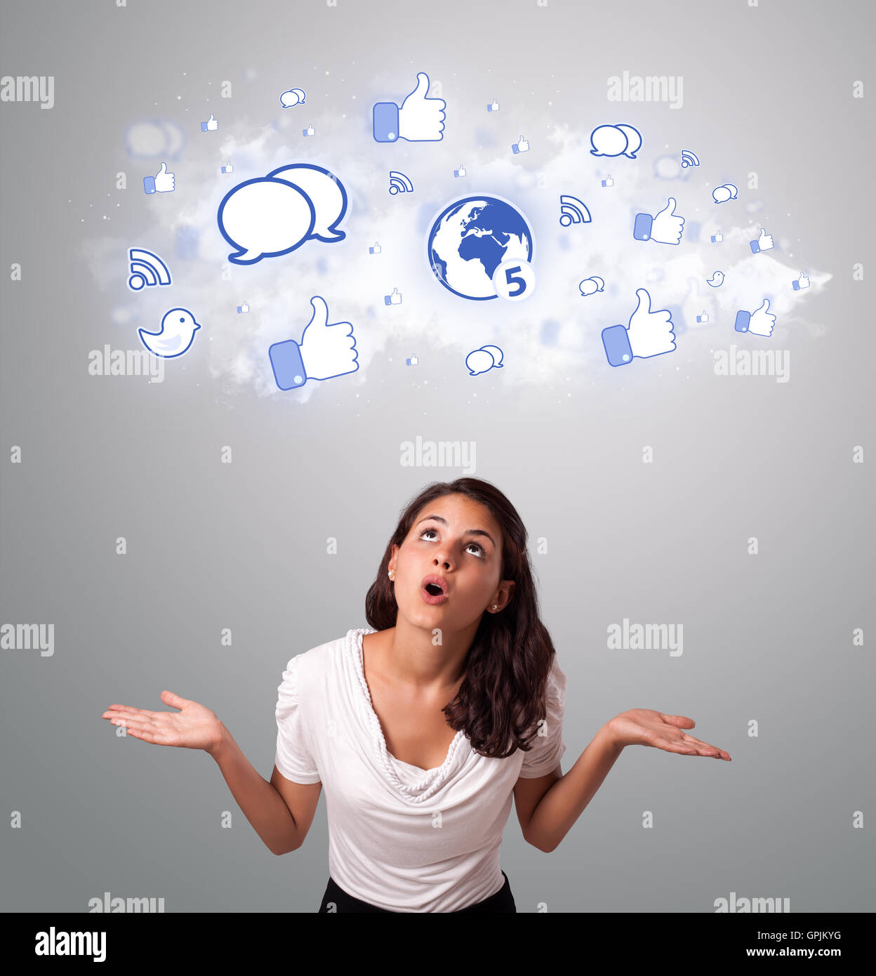 pretty woman looking social network icons in abstract cloud Stock Photo ...