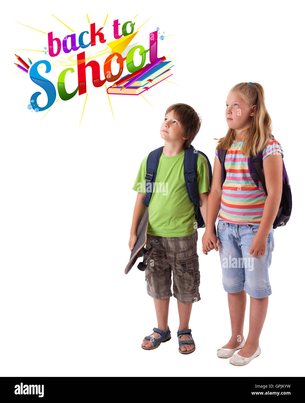 Kids looking with back to school theme isolated on white Stock Photo ...