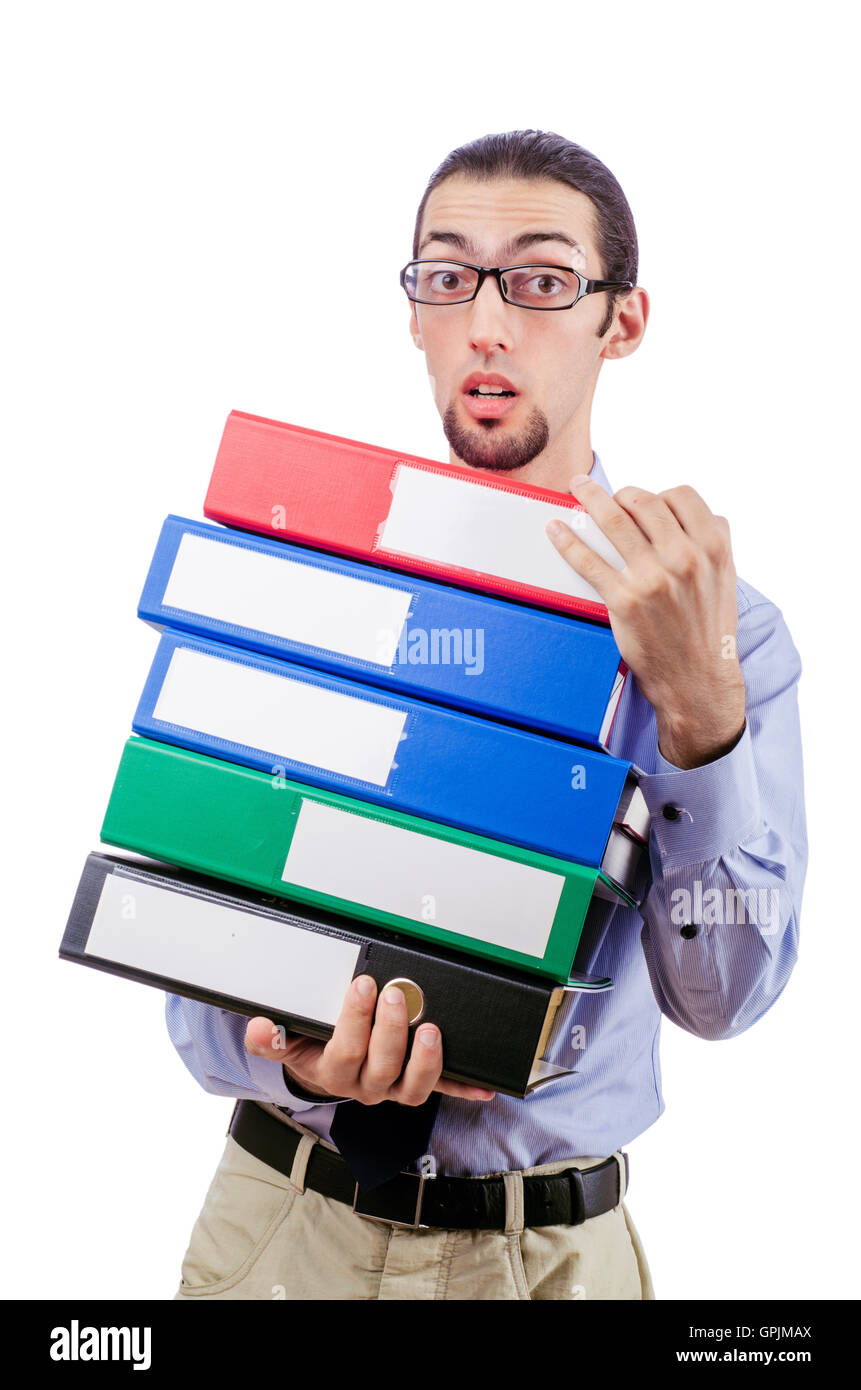 Businessman with lots of folders isolated on white Stock Photo - Alamy
