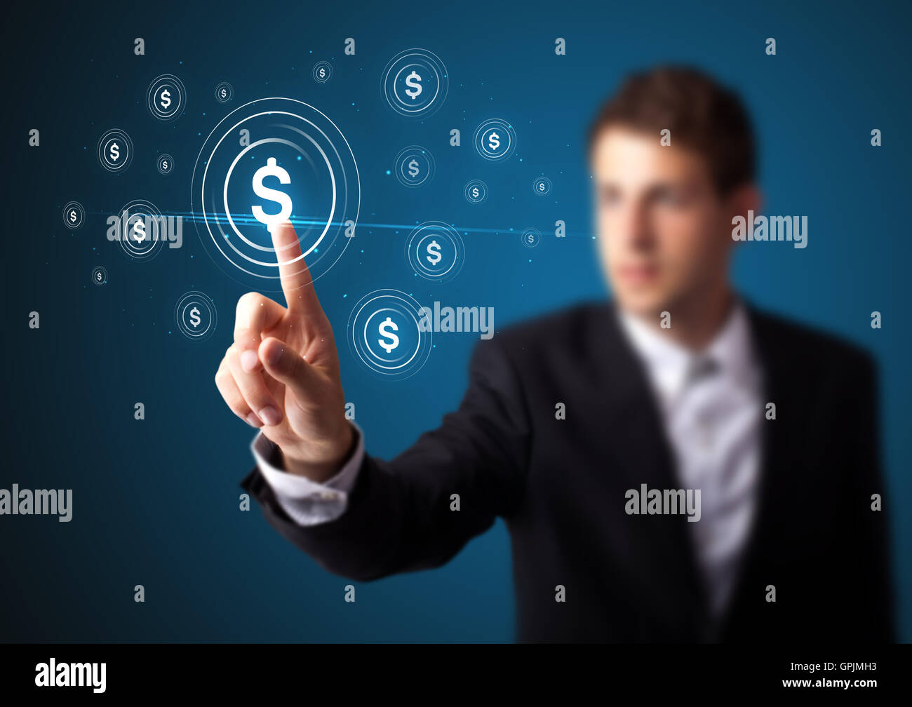 Businessman pressing modern business type of buttons Stock Photo - Alamy
