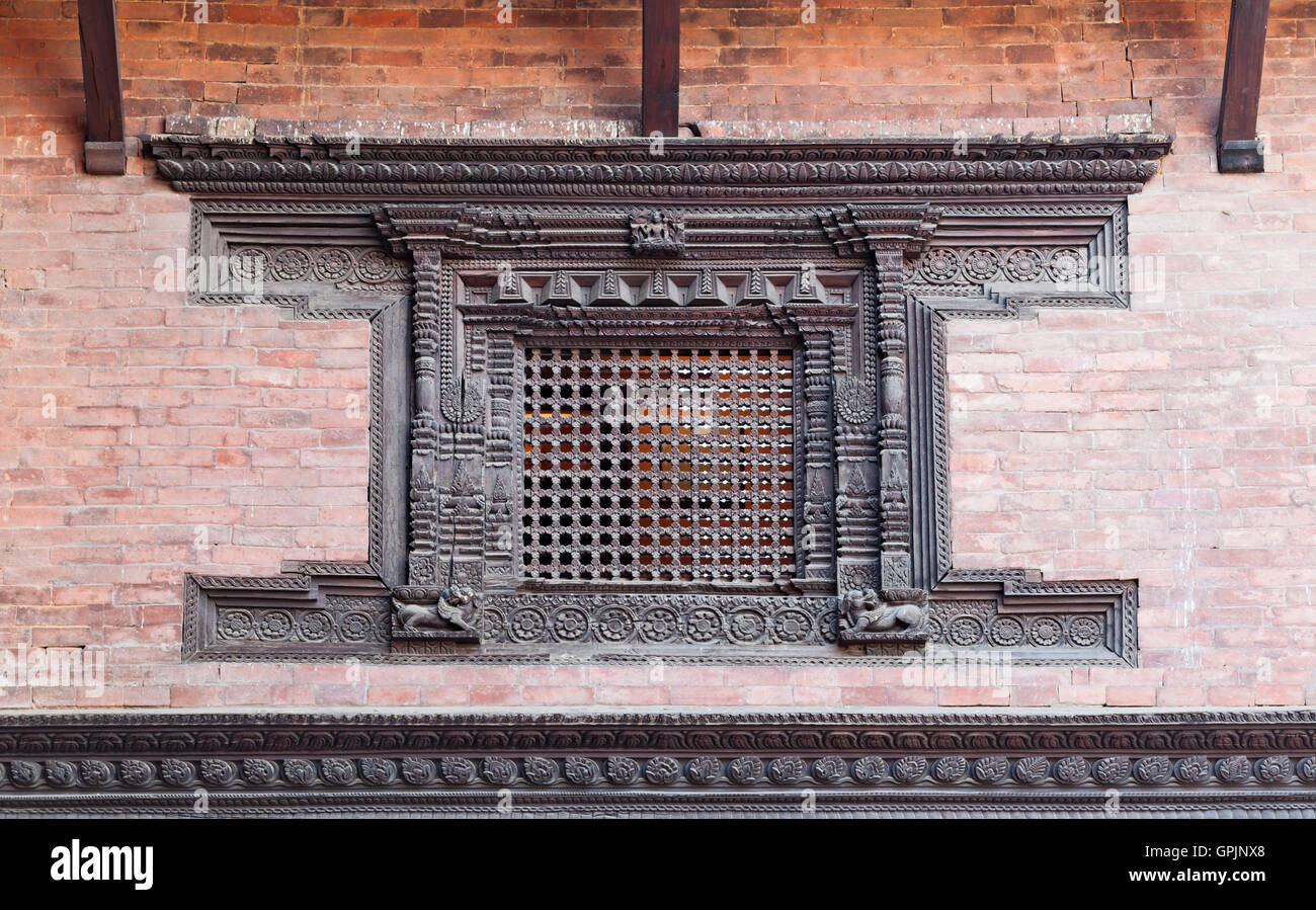 Beautifully carved wooden window at the royal palace, Durbar square ...