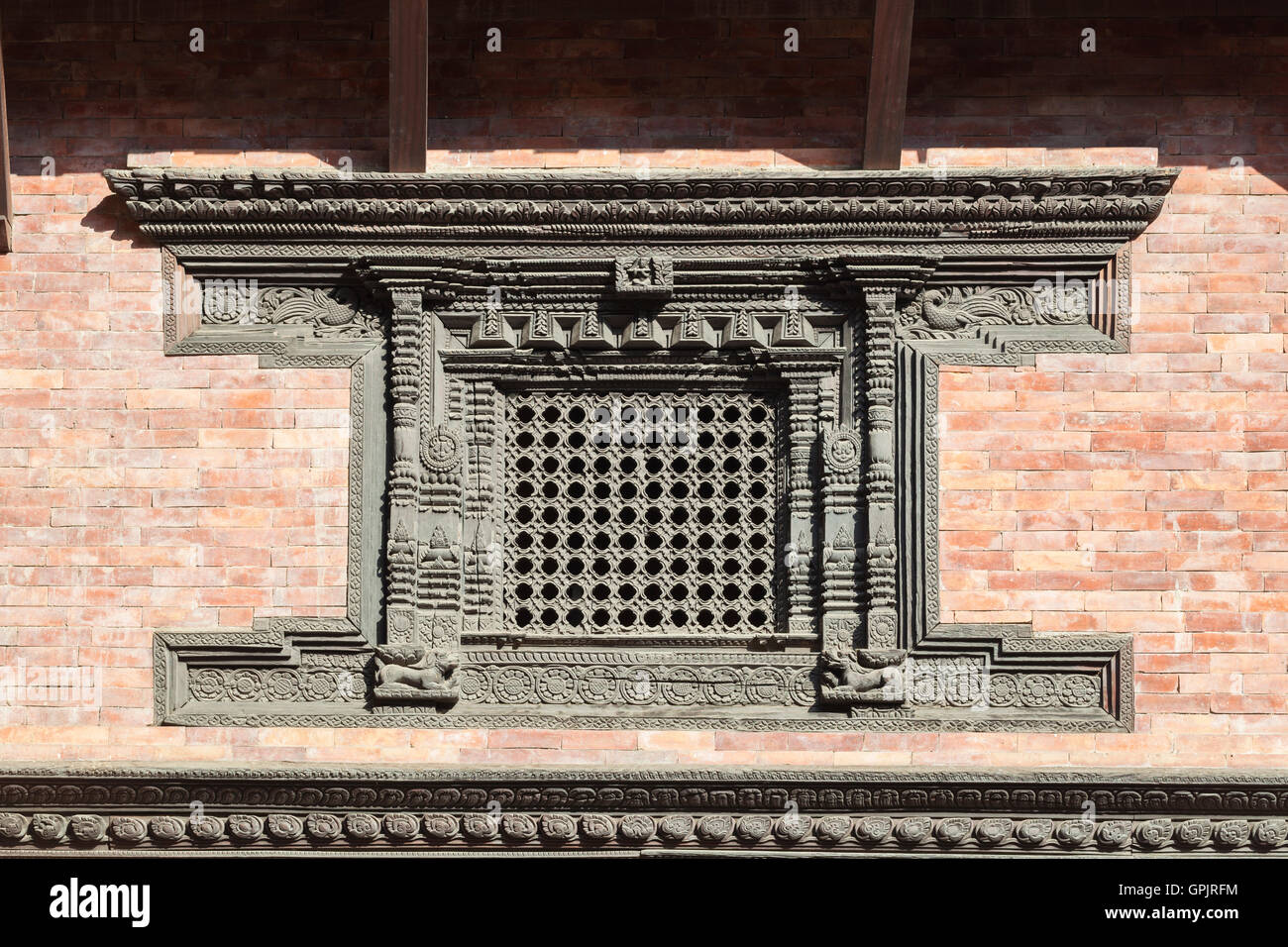 Beautifully carved wooden window at the royal palace, Durbar square ...