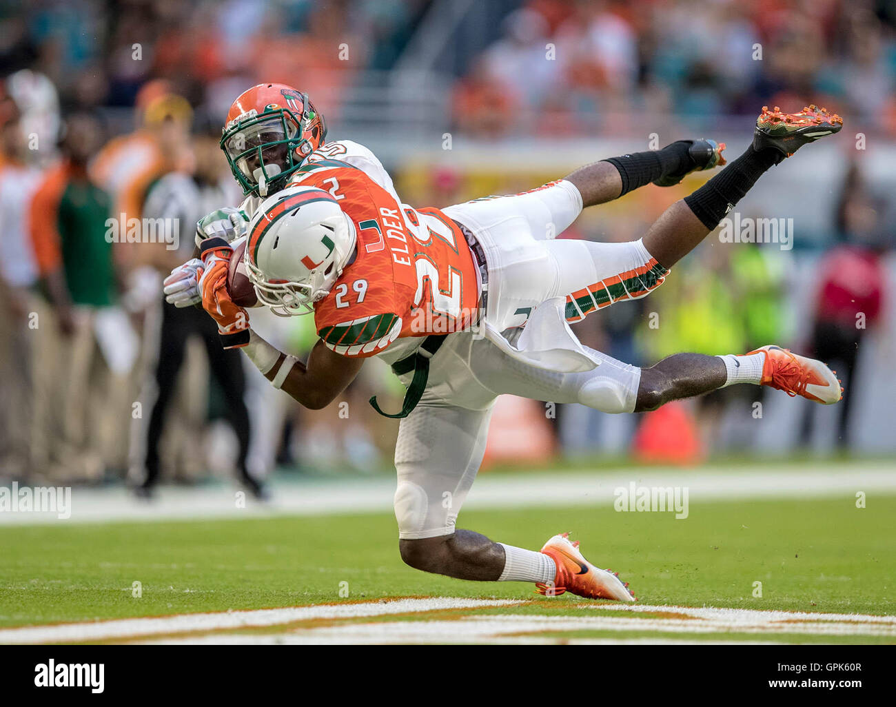Miami Gardens, Florida, USA. 3rd Sep, 2016. Miami Hurricanes defensive ...